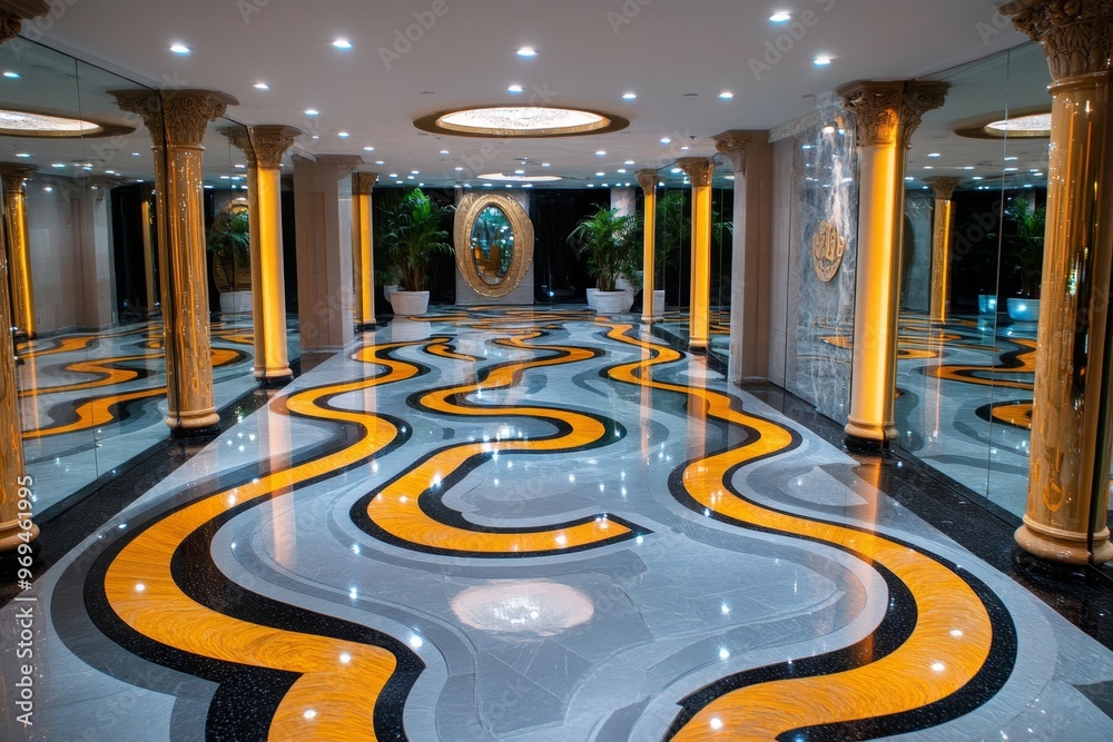 A mirror maze art installation in a hotel lobby, where reflections ...