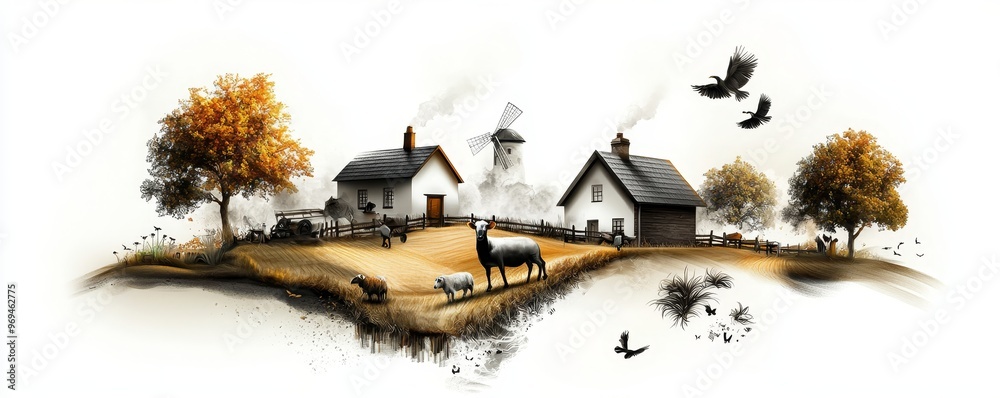 Charming countryside with rolling hills and farm animals, black and ...