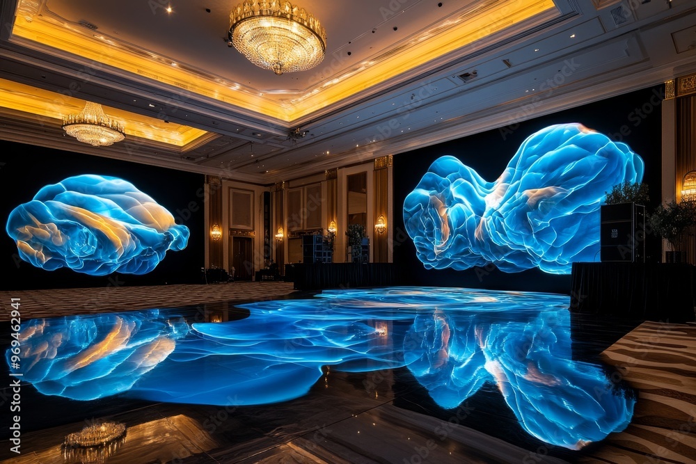 A projection mapping installation in a hotel ballroom, where light ...