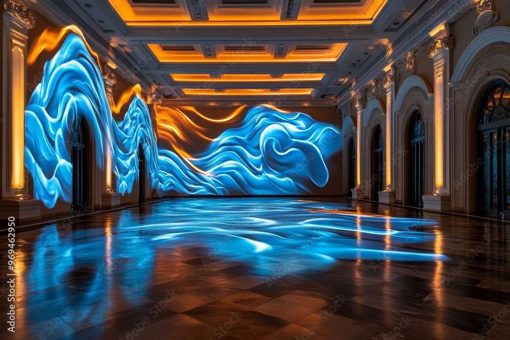 A projection mapping installation in a hotel ballroom, where light ...