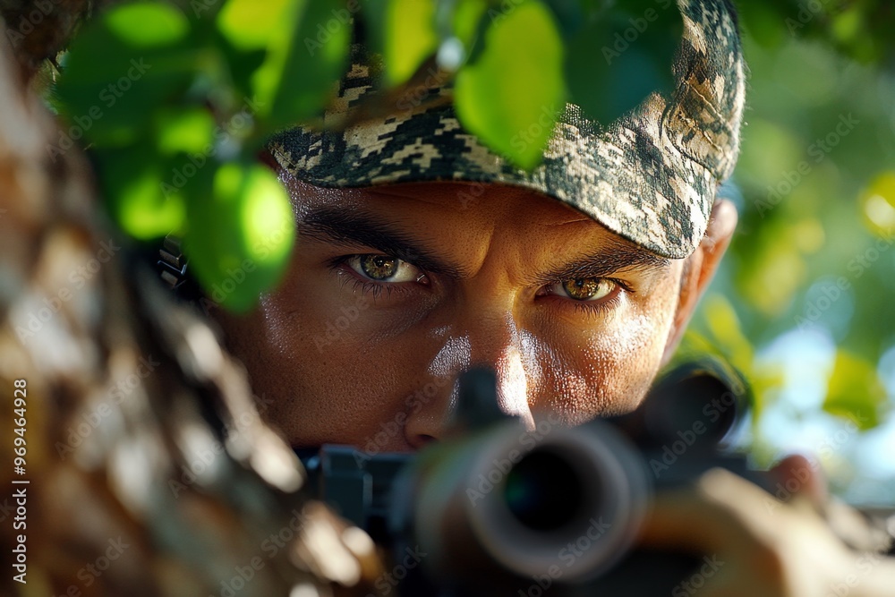 A sniper camouflaged in the high branches of a tree, their rifle ...