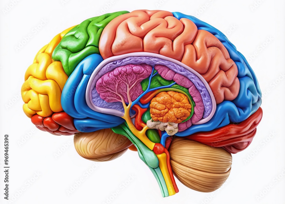 Colorful, detailed illustration of the human brain's internal structure ...