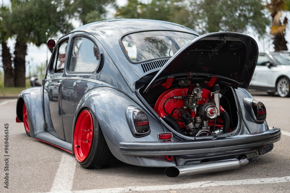 Volkswagen Type 1 nicknamed Beetle with the hood open, the engine is an ...