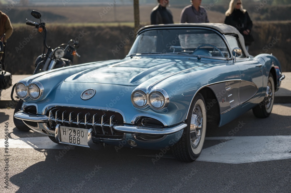 Front view of a classic American sports car, the first generation ...