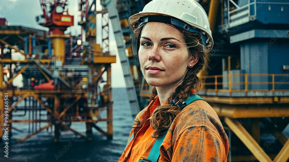 Woman working on offshore oil platform during sunrise in the ocean ...