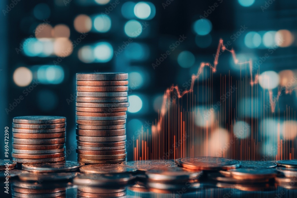 A stack of coins and a financial graph on a city background, a double ...