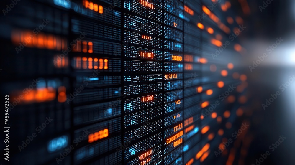 Digital firewall represented as a glowing barrier protecting data streams, futuristic interface ...