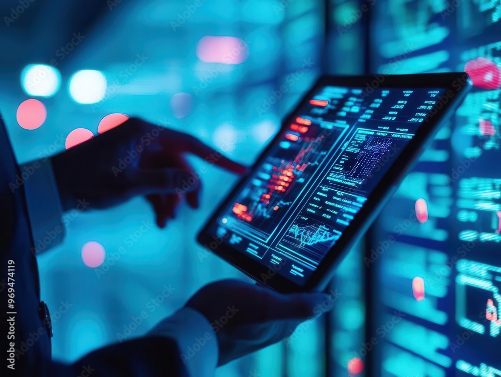 Forensics expert with a holographic tablet investigating a network ...