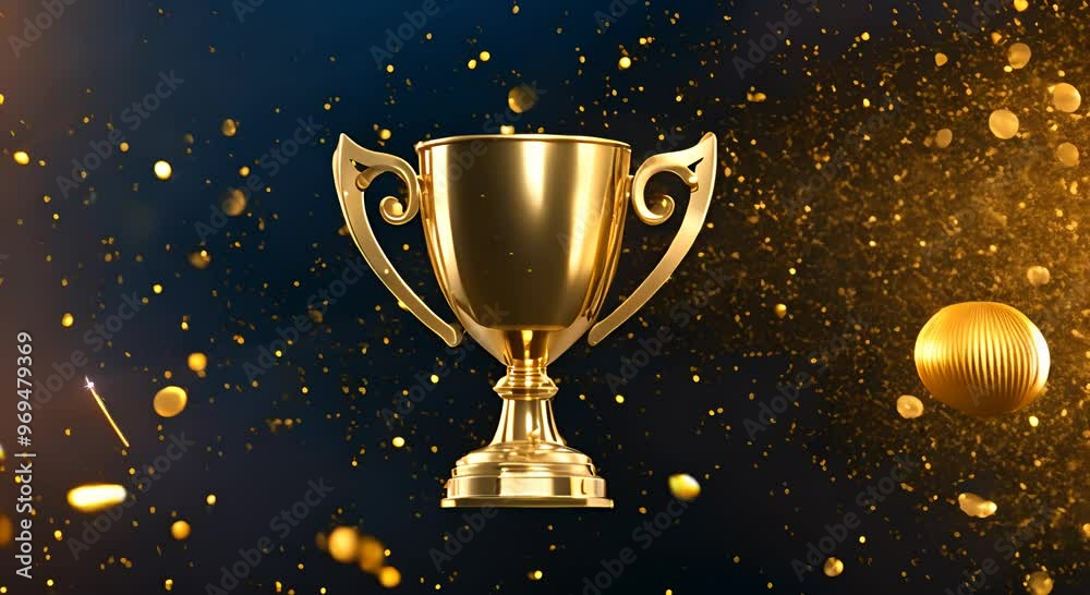 Gold winners sports cup on festive black background with confetti ...