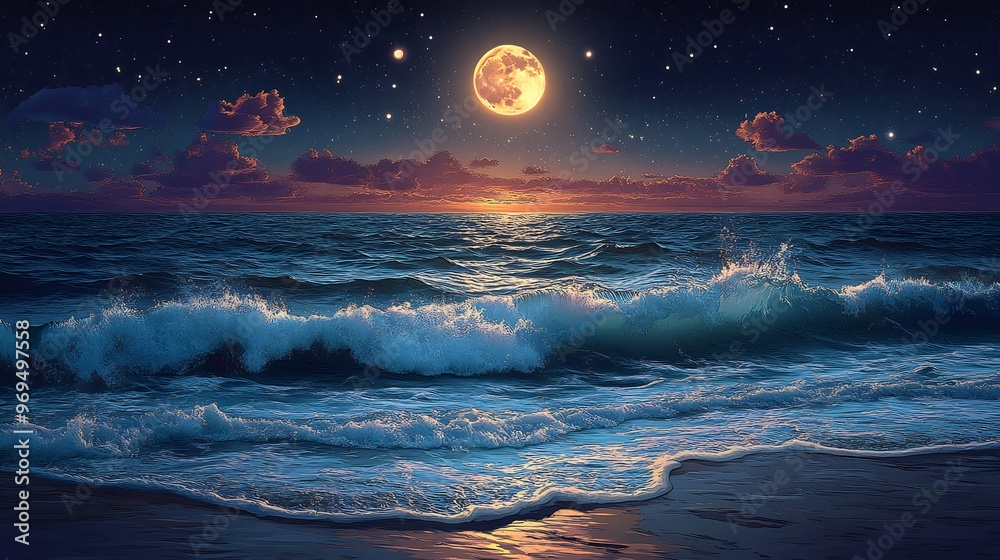 Vector design of a serene moonlit ocean scene with gentle waves lapping ...