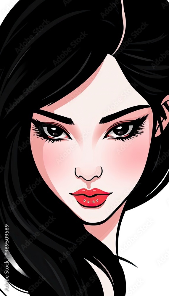 Artistic rendering of a woman with flowing black hair and red lipstick ...