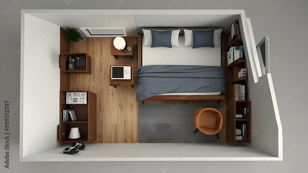Top-down view, isolated white background, 3D render of a guest room ...