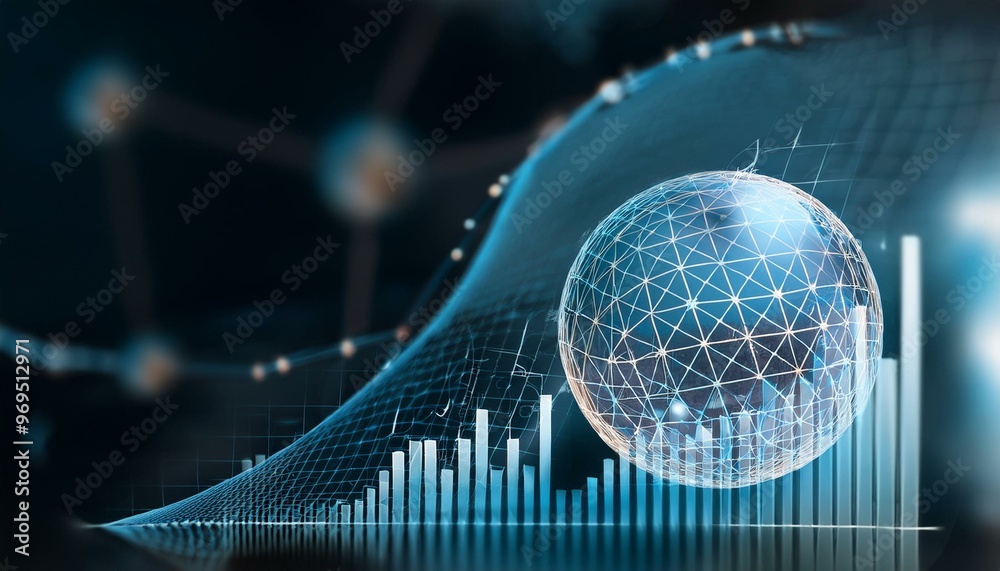 Futuristic digital visualization featuring a glowing sphere and data ...