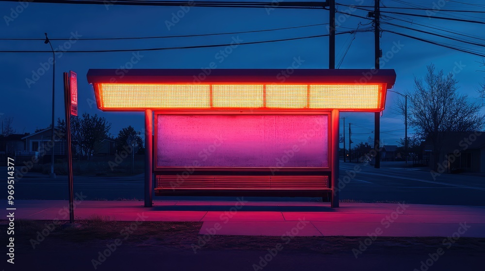 Photograph of a bus stop in a deserted suburban setting at dawn, with a ...