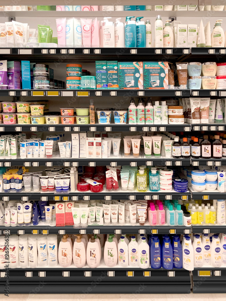 Hand and body cream on shelf. This is editorial photo can be used as a ...