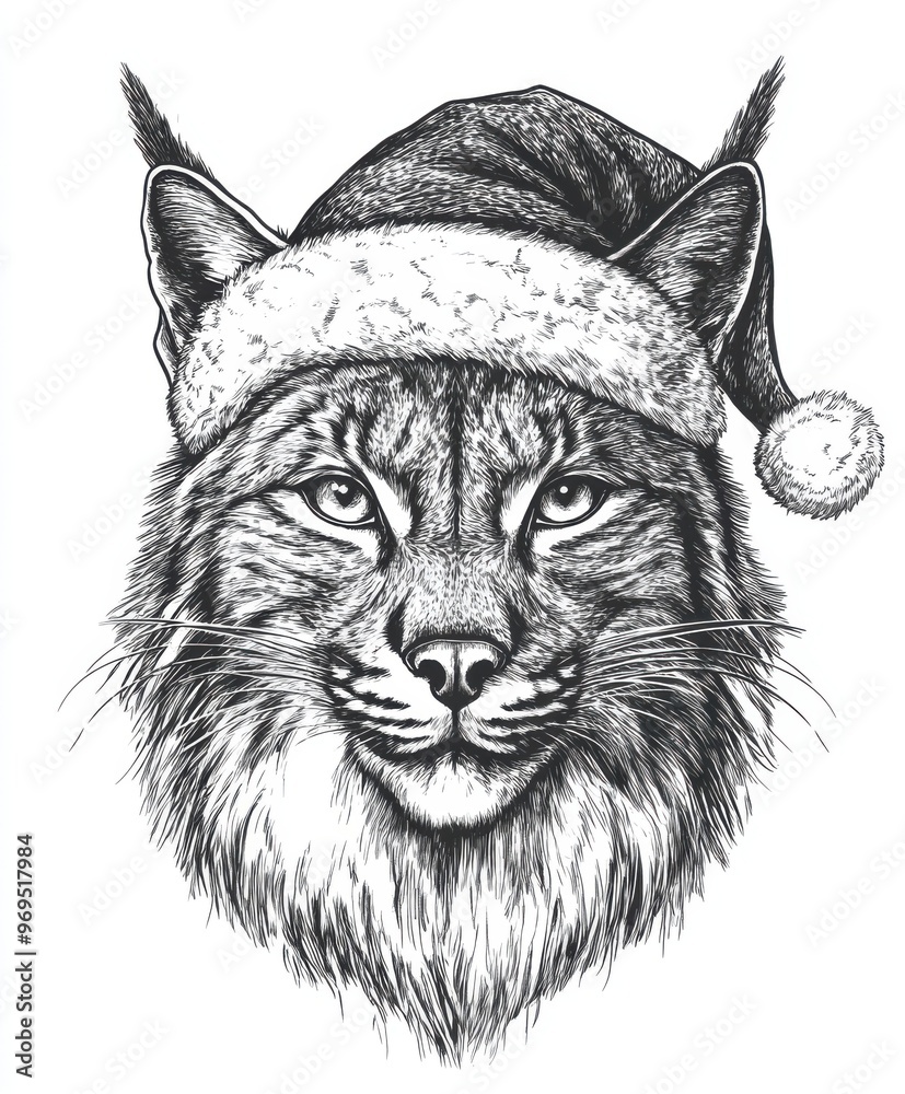 Black and white Vintage engraved art of a lynx wearing a Christmas ...