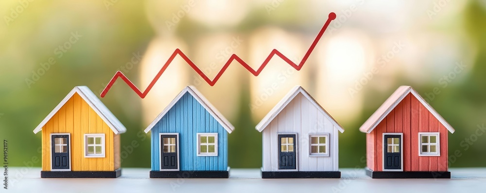 Real estate market surge depicted with tiny houses and an ascending ...