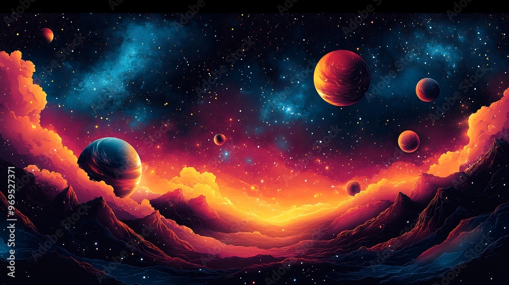Vector design of a stylized cosmic scene with planets asteroids and ...