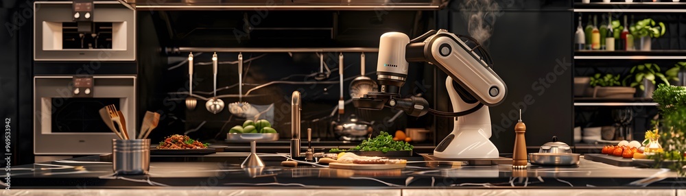 Modern kitchen with robotic assistant and fresh ingredients, showcasing ...