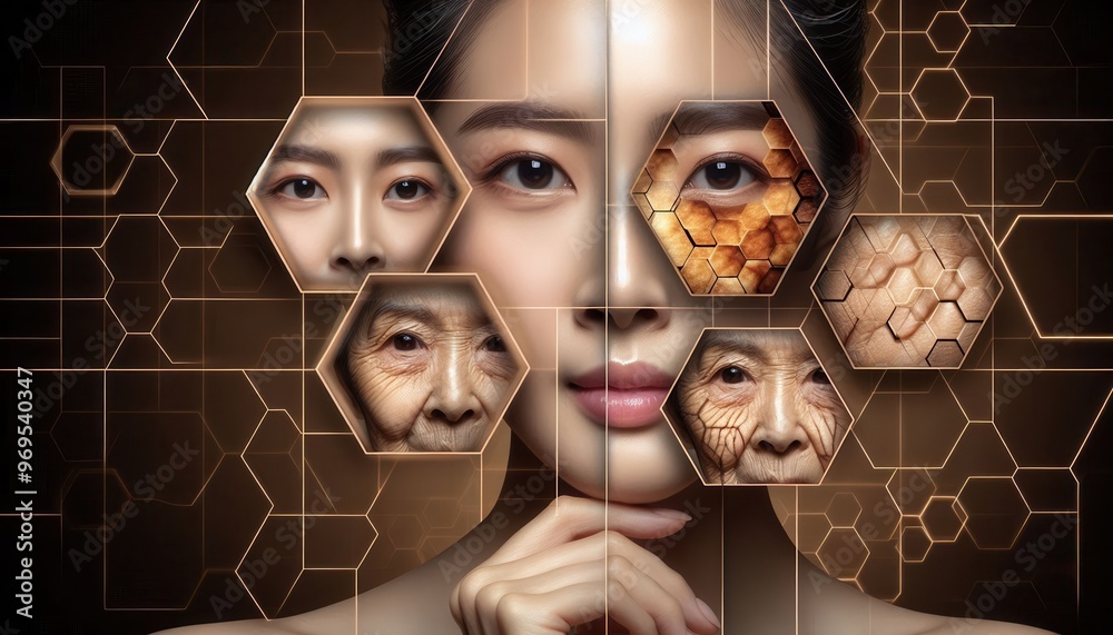 This picture compares a youthful Asian woman's face with sections ...