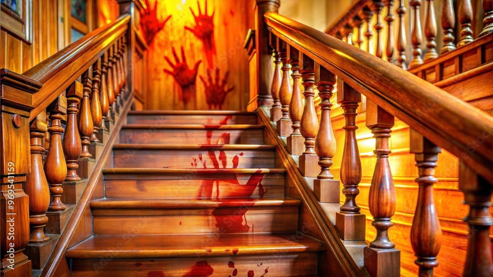 Creepy staircase with bloodstains and handprints on the wall ...
