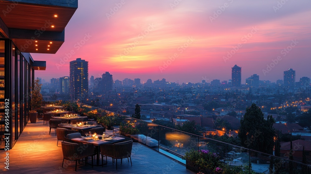 Elegant rooftop dining with a sunset view over a city skyline. Stock ...