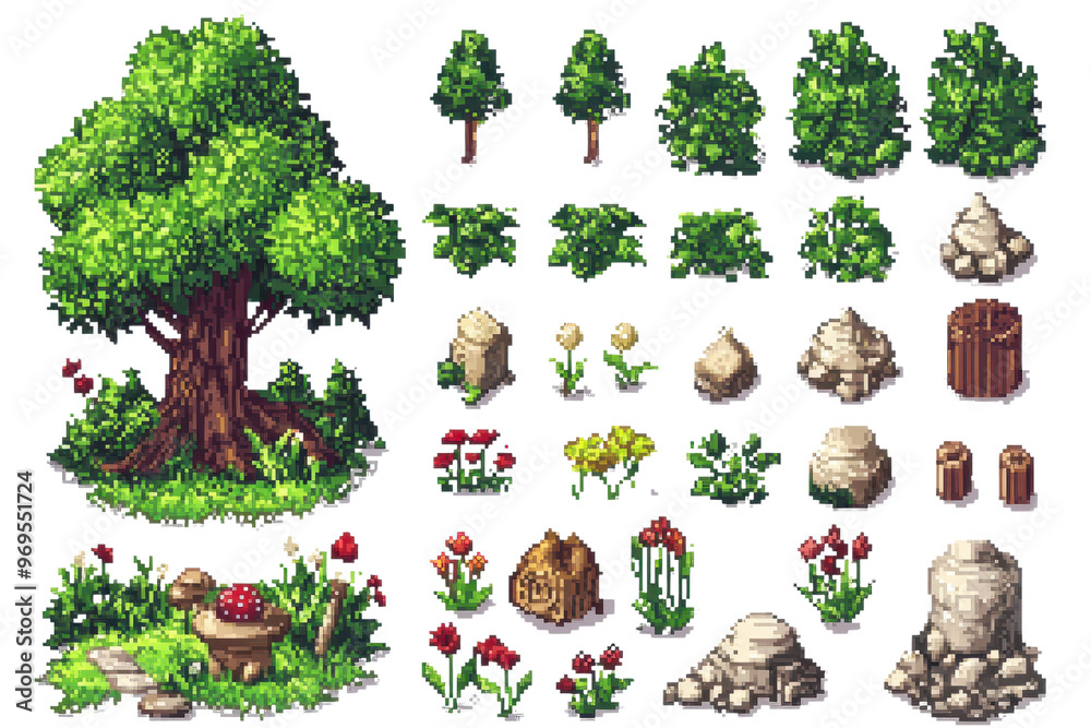 Pixel art forest elements set including trees, bushes, rocks, logs, and ...