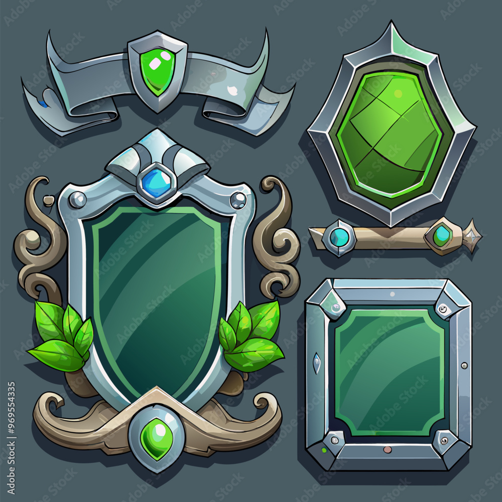 Silver buttons with fantasy frames in medieval style and green gems for ...