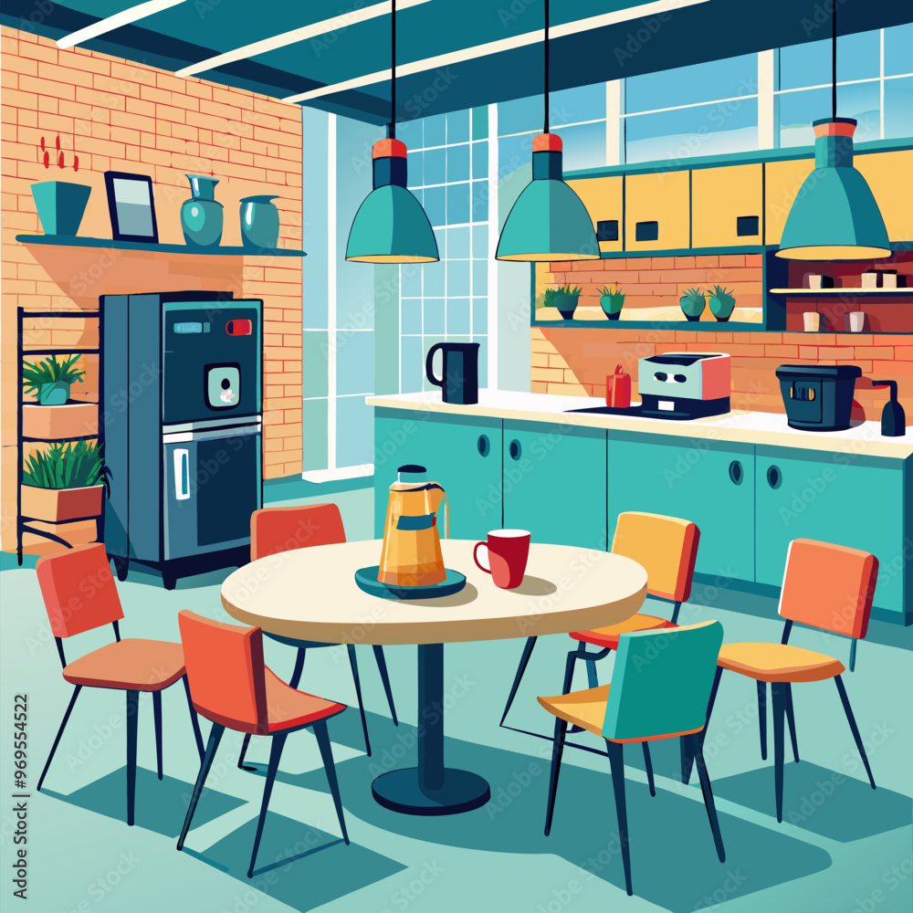 Office kitchen and break room interior vector background with table ...