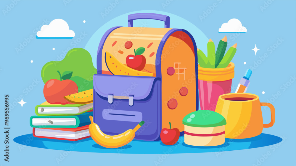 School backpack with lunchbox and supplies. Cartoon vector illustration ...