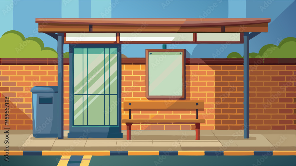Modern bus stop against brick wall background. Vector cartoon ...