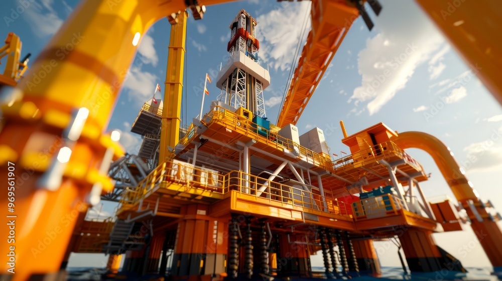 Offshore oil rig platform with equipment, pipes, and cranes against a ...