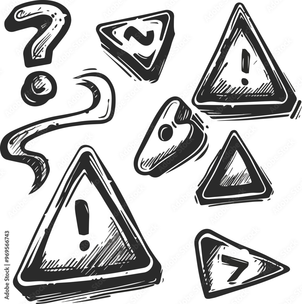 Hand drawn warning attention hazard exclamation mark question mark ...