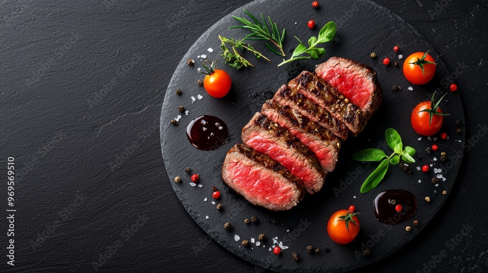 Describe how the visual presentation of the steak in the image can be ...