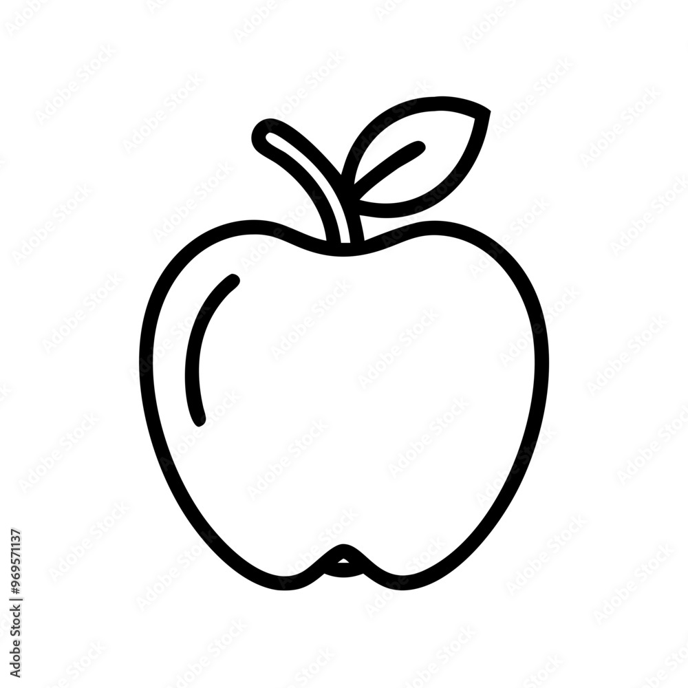 a simple black and white line drawing of an apple. The apple is ...
