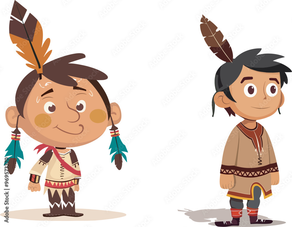 Two happy native american boys with feather headdresses children ...