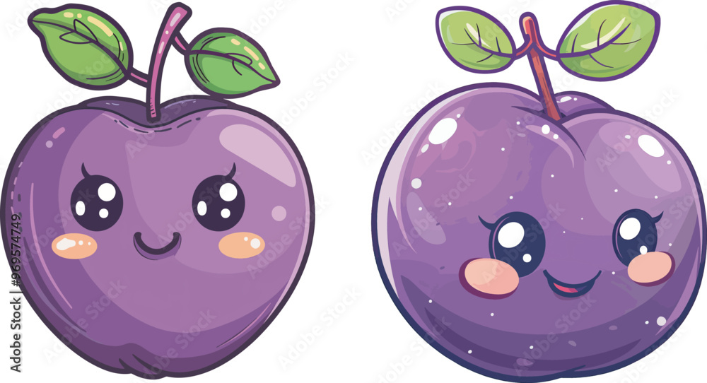 Two cute happy purple plum cartoon character mascot smiling for healthy ...