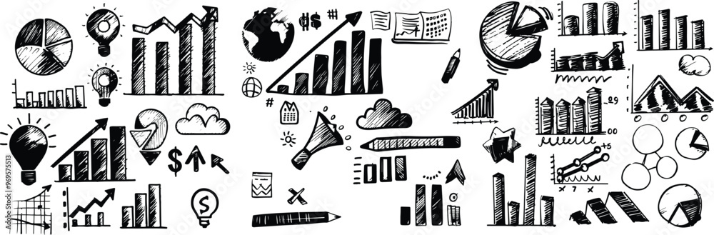 Hand drawn business charts and graphs infographic elements doodles set ...