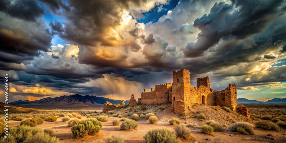 Castle ruins in the desert with a dramatic sky , ancient, abandoned ...