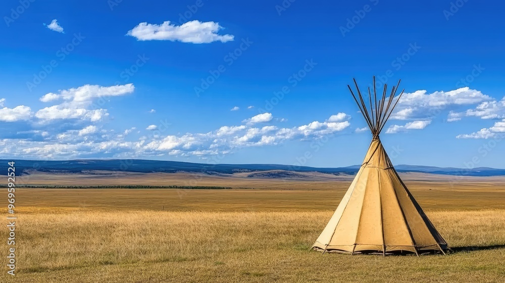 A traditional Indian tipi rises elegantly amid golden grasslands ...