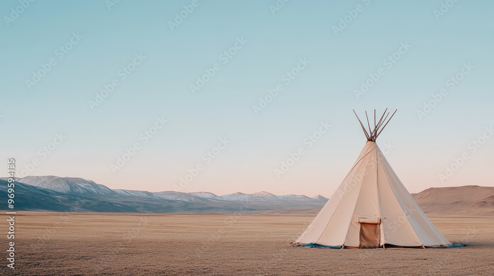 A traditional Indian tipi rises elegantly amid golden grasslands ...
