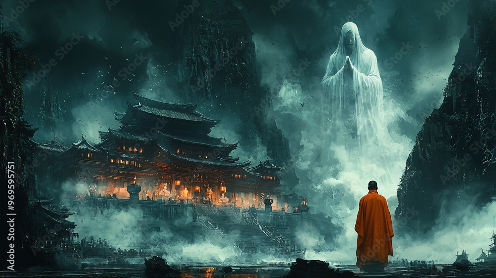 Pret ghost towering over a Buddhist monk in deep meditation, a haunting ...