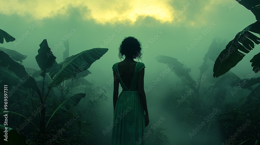 Nang Tani, a beautiful ghost in a green dress emerging from a banana ...