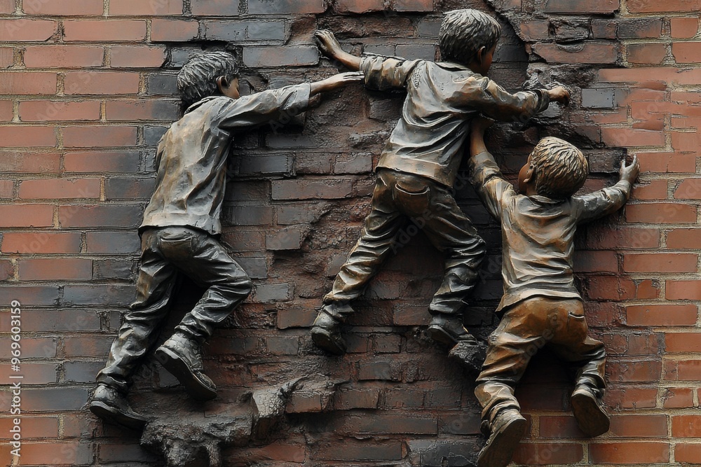 Artistic bronze sculptures of three children climbing and playing on a ...