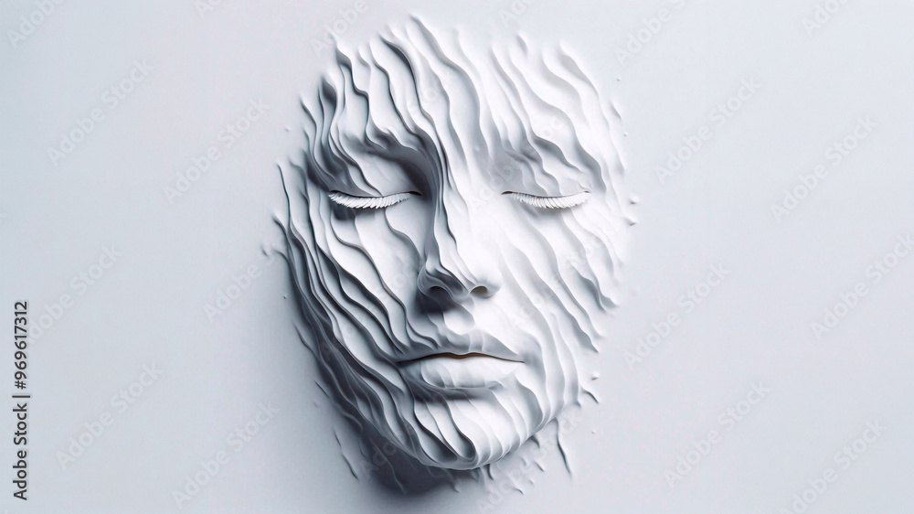 3D face in minimalist style made with thick white paint on a simple ...