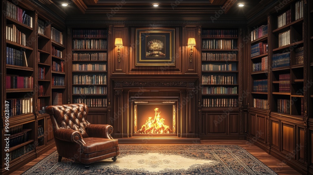 Virtual 3D rendering of a luxury home library, with wooden shelves ...
