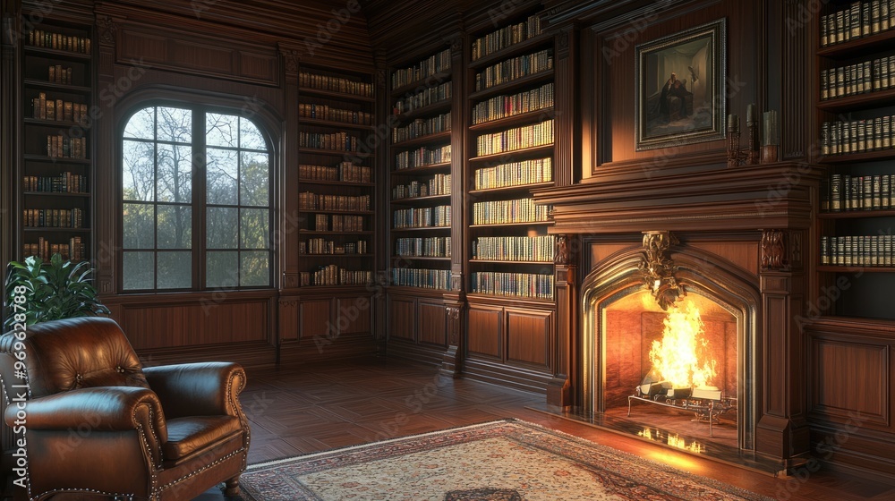 Virtual 3D rendering of a luxury home library, with wooden shelves ...
