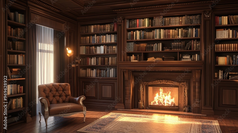 Virtual 3D rendering of a luxury home library, with wooden shelves ...