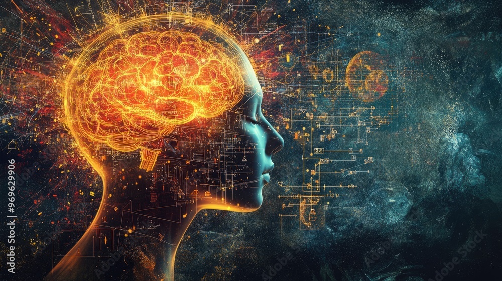 Math equations and symbols spiraling out of a human head silhouette ...