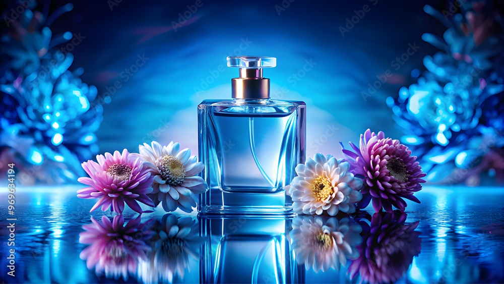 Minimal perfume bottle and flowers all over the set, top light on top ...